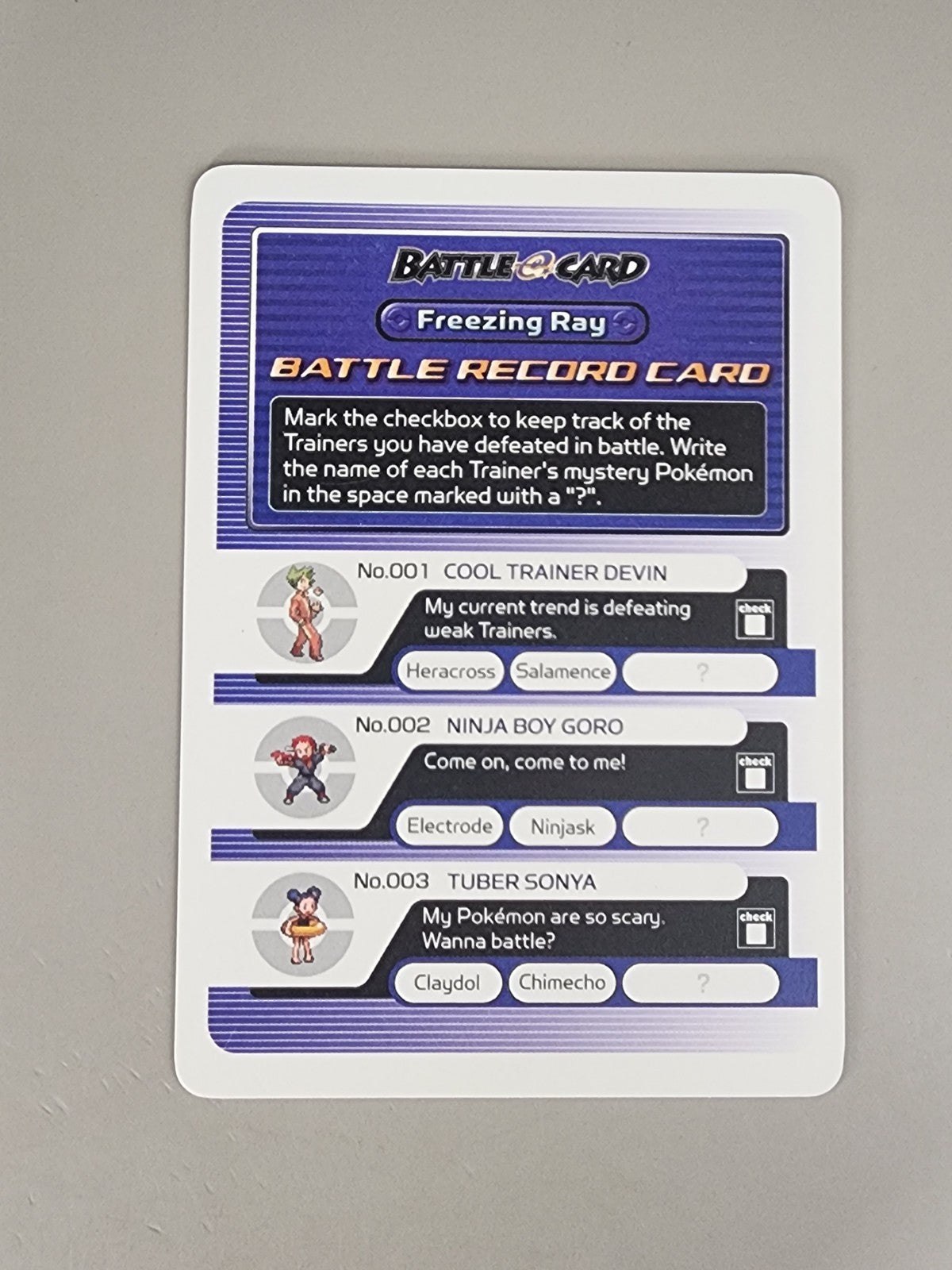 Pokemon E Reader Ruby/Sapphire 2003 Battle Record Card Freezing Ray GB ...